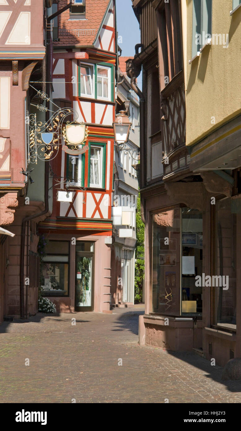 sunny illuminated idyllic part of the Old Town in Wertheim am Main ...