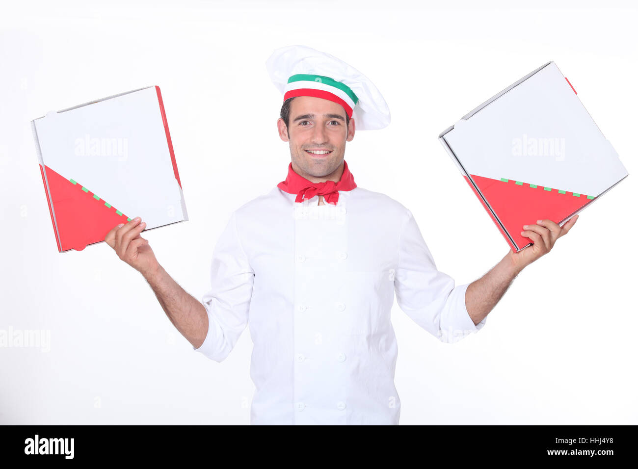 Chef man holding two pizza hi-res stock photography and images - Alamy
