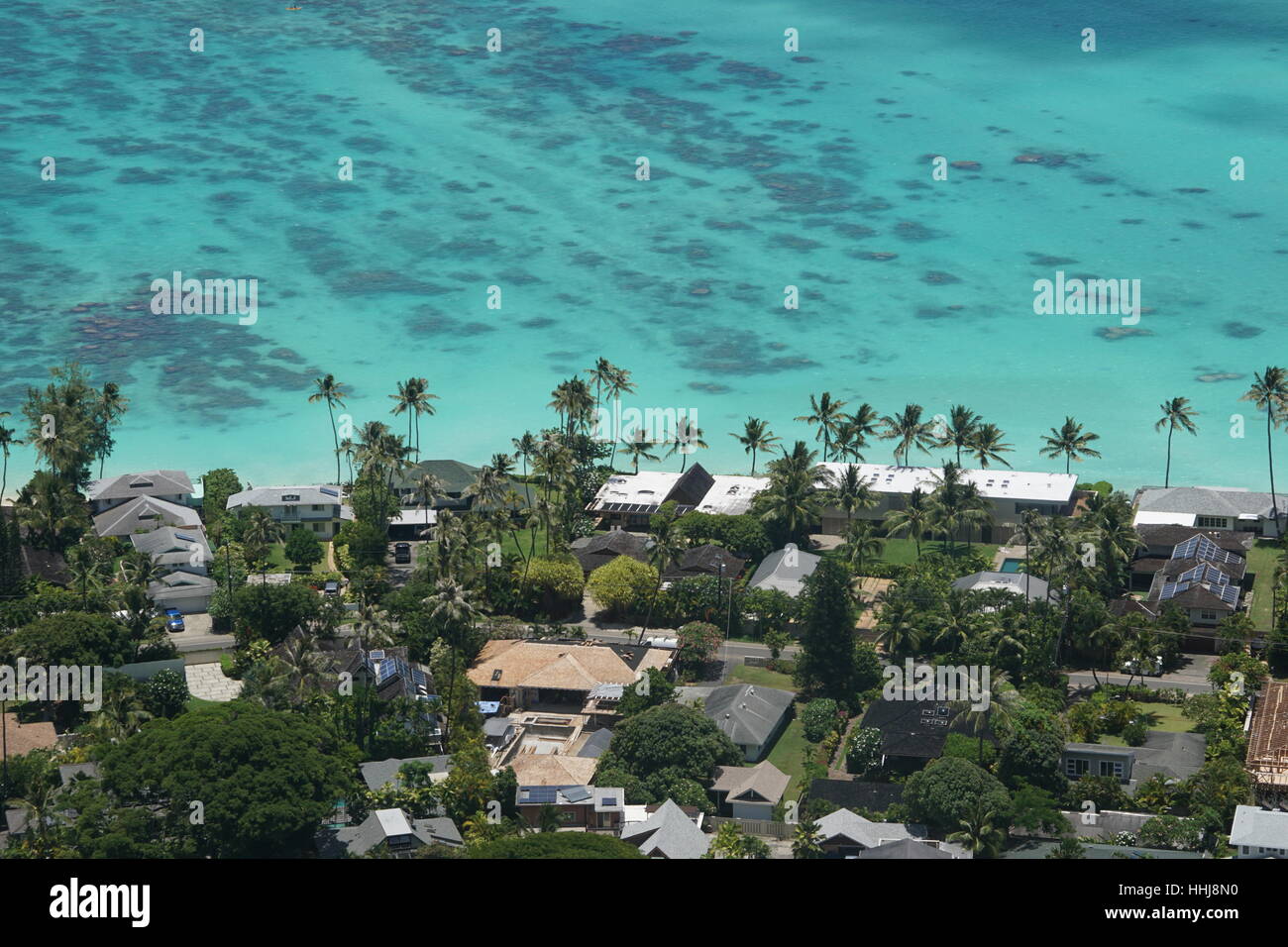 Tropical Island Sea View with Houses and Palm Trees Lining the Shore ...