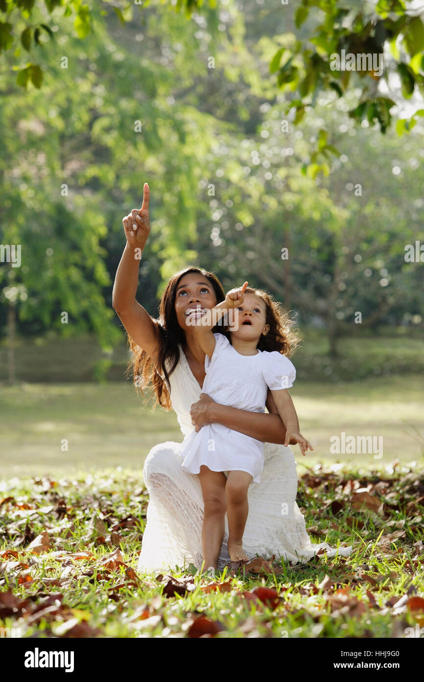 Mother and daughter pointing up Stock Photo - Alamy