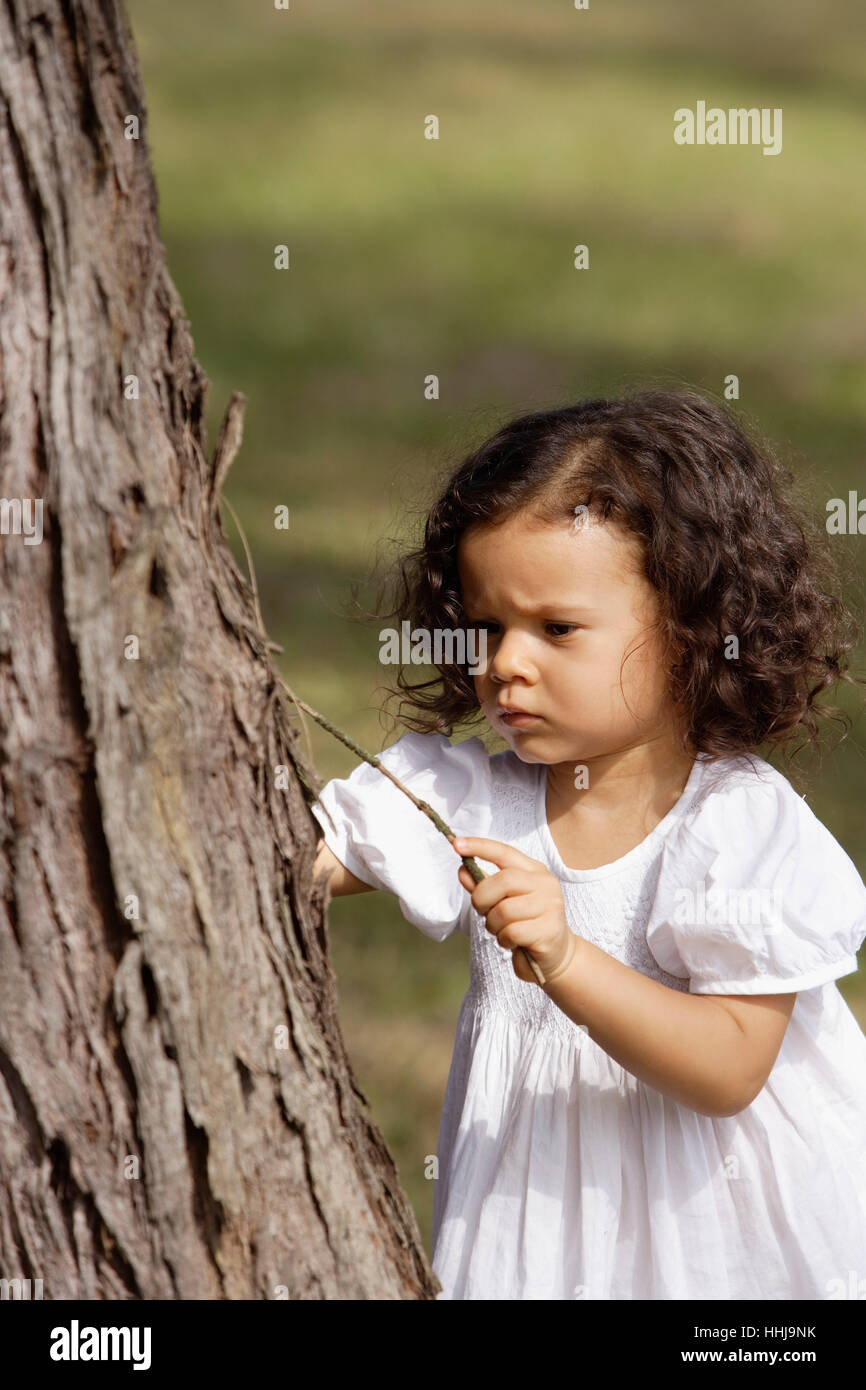 Little girl looking at tree Stock Photo - Alamy