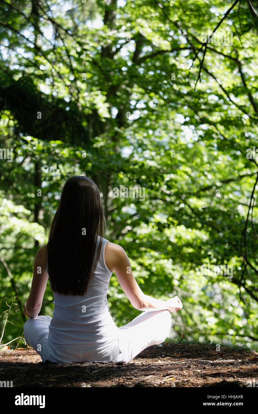 Back view of young woman meditating in forest Stock Photo - Alamy