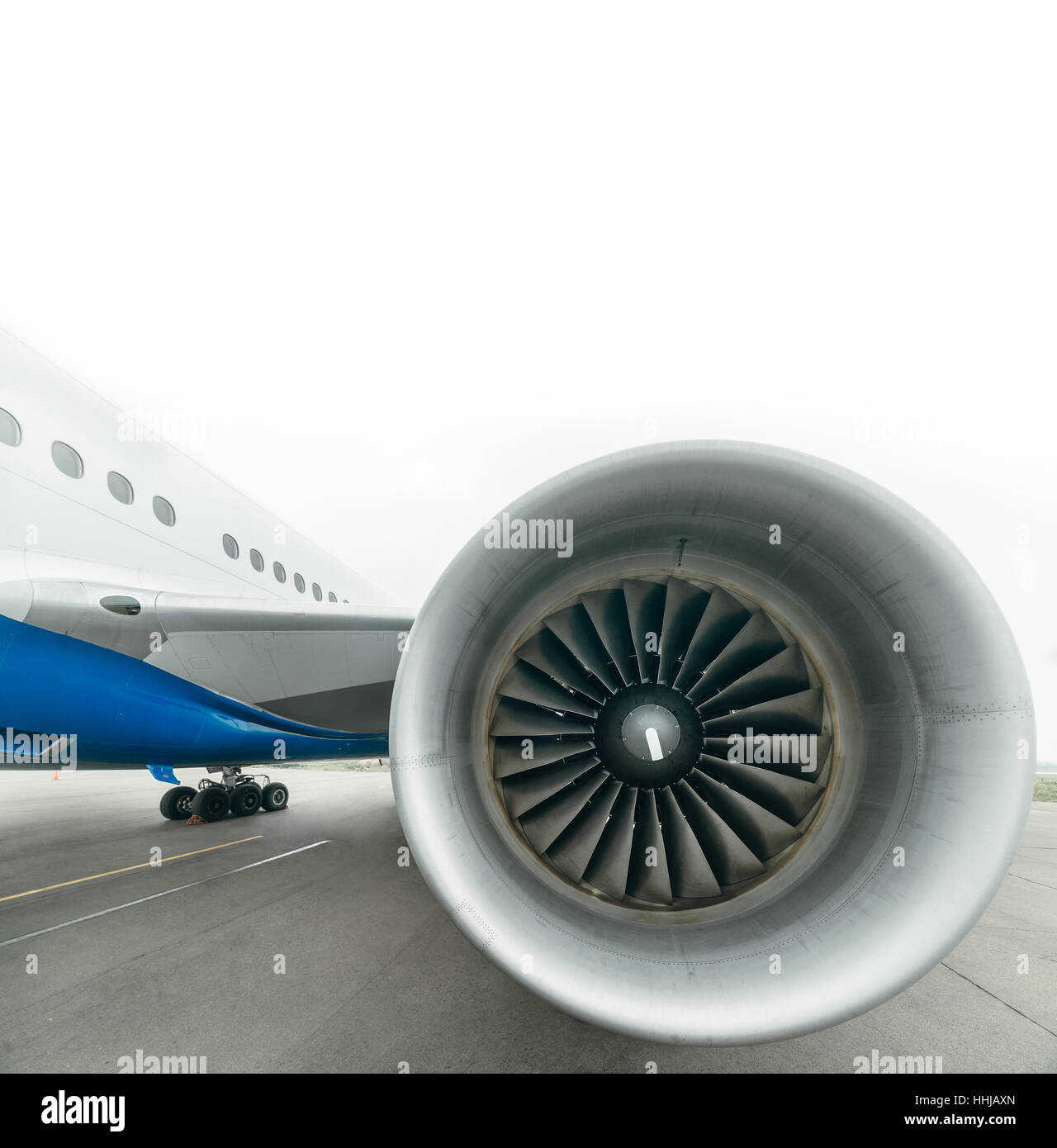 Boeing 767 at the airport . View of the engine. Top pure white ...