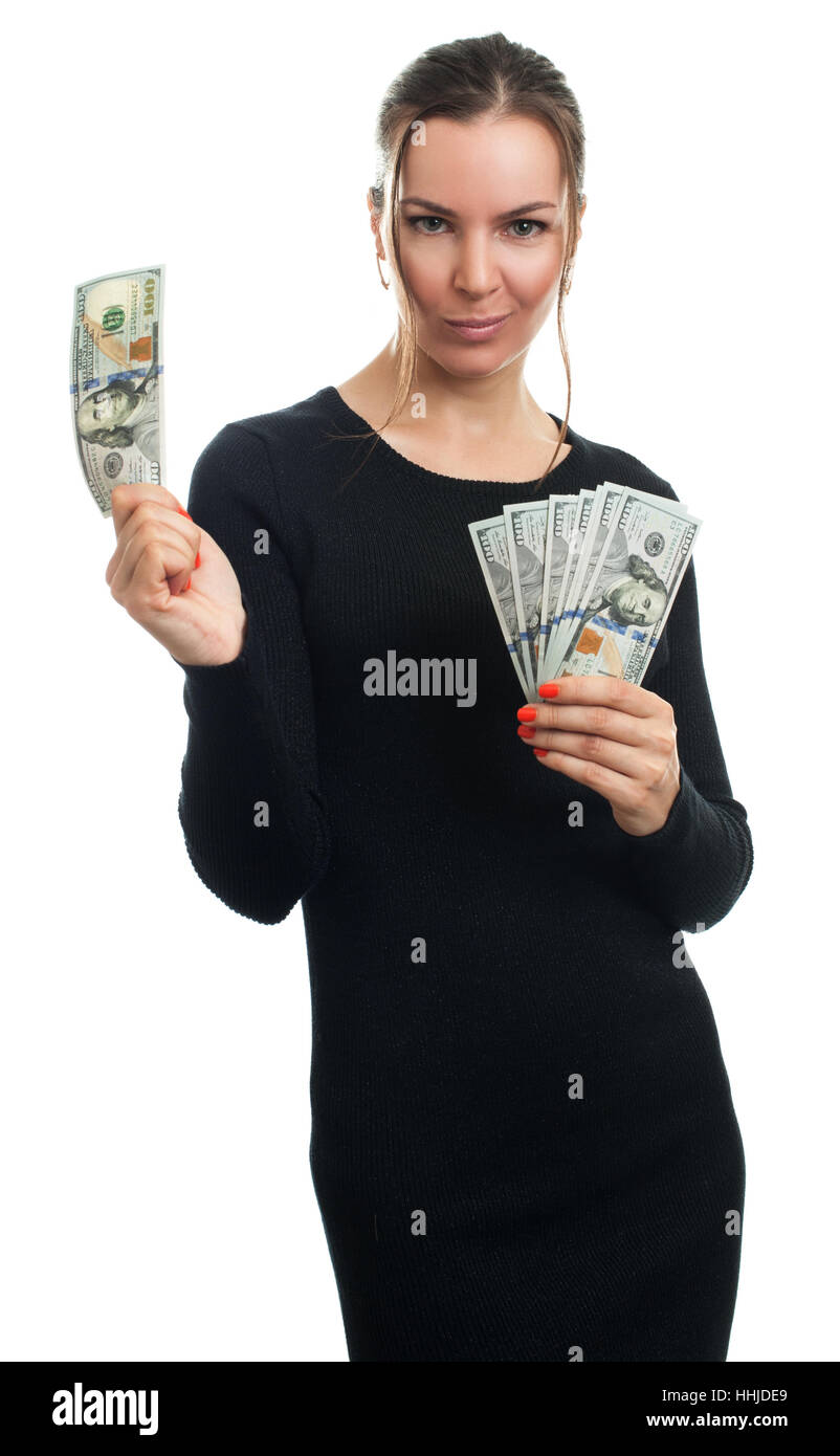 beautiful young woman holding money isolated on white background Stock ...