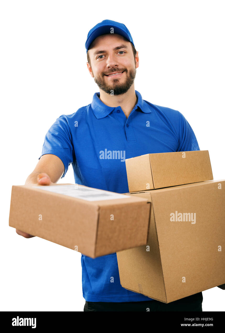 delivery service courier giving cardboard shipping box Stock Photo - Alamy