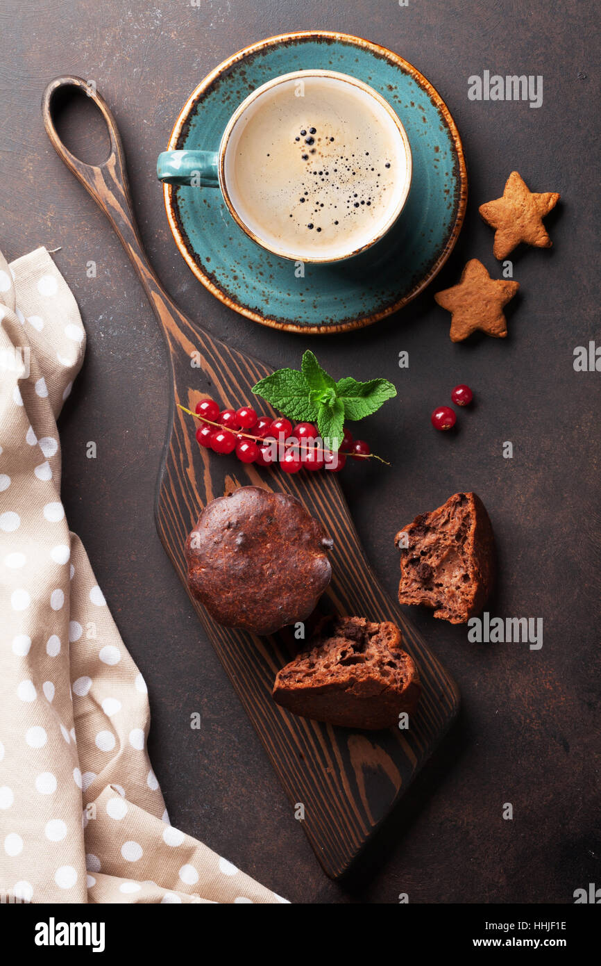 Coffee and cake with berries. Top view Stock Photo - Alamy