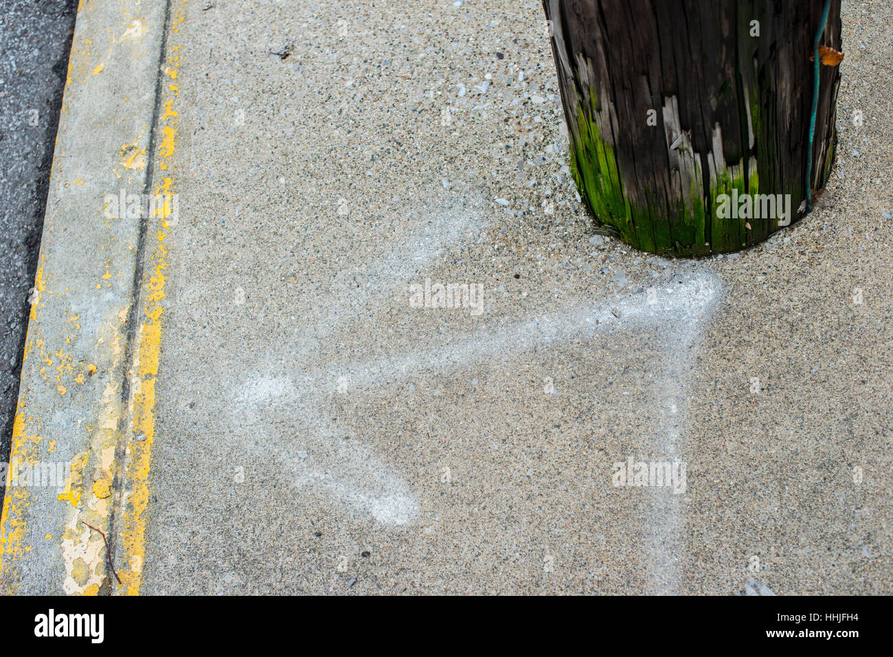 Decaying yellow curb paint and a utility marker arrow near a mossy ...