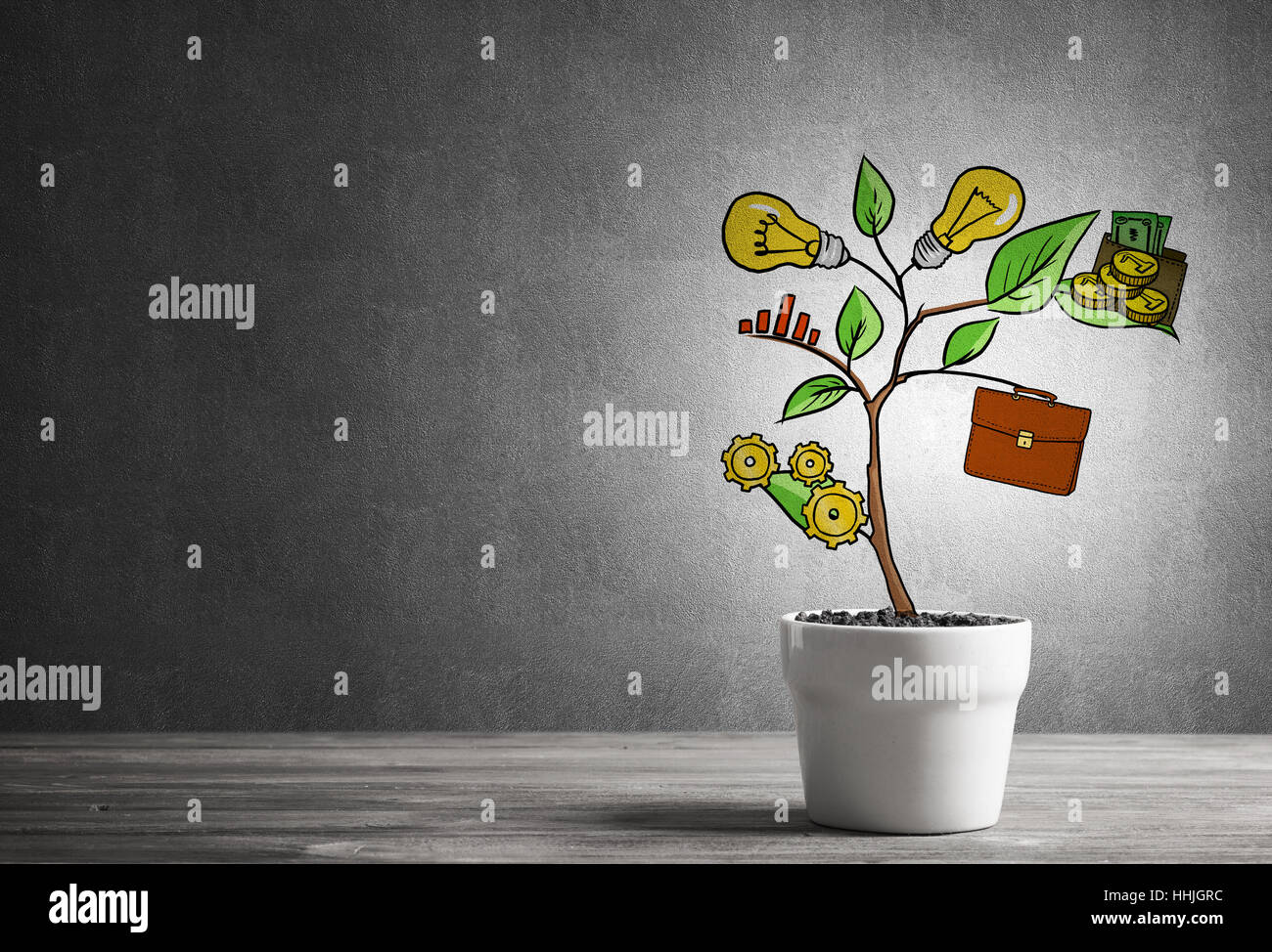Drawn income tree in white pot for business investment savings and ...