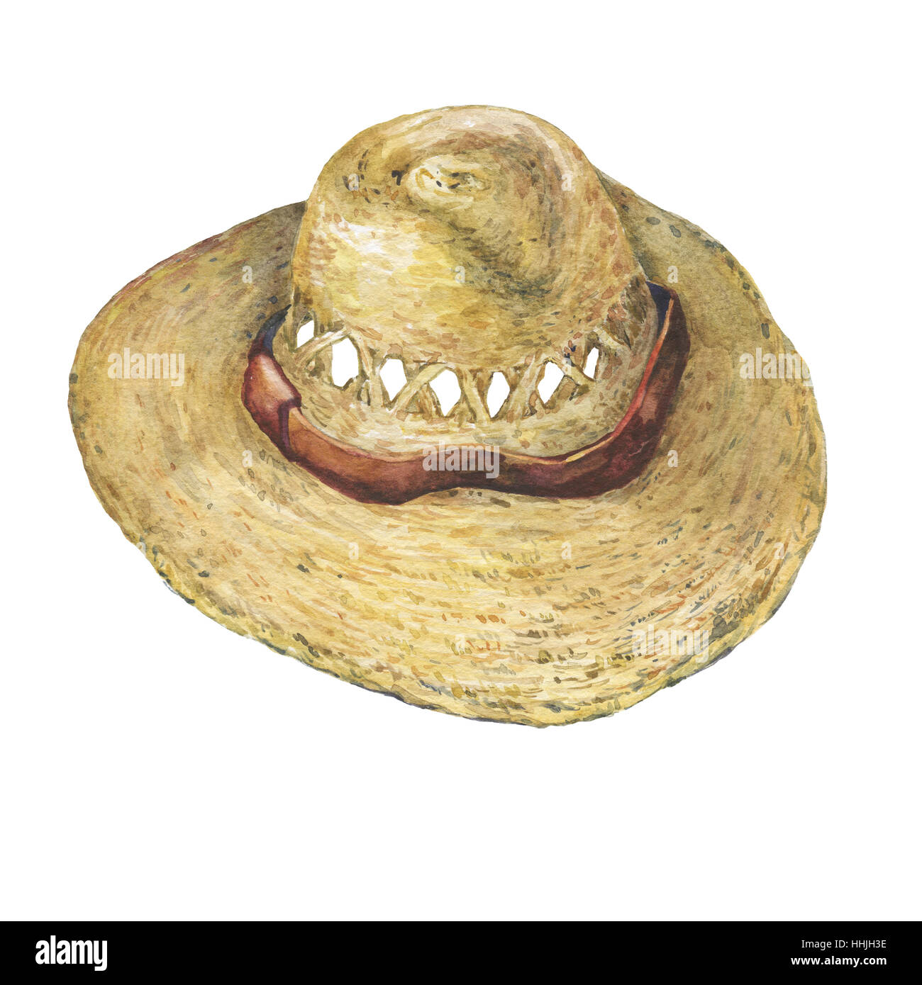 Solar hat from thatch. Hand drawn watercolor painting on white ...