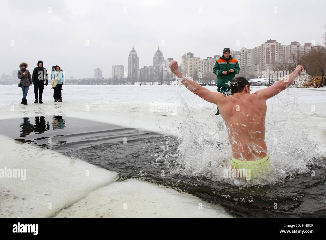 Kiev, Ukraine. 19th Jan, 2017. Ukrainian Orthodox believers bathe in ...