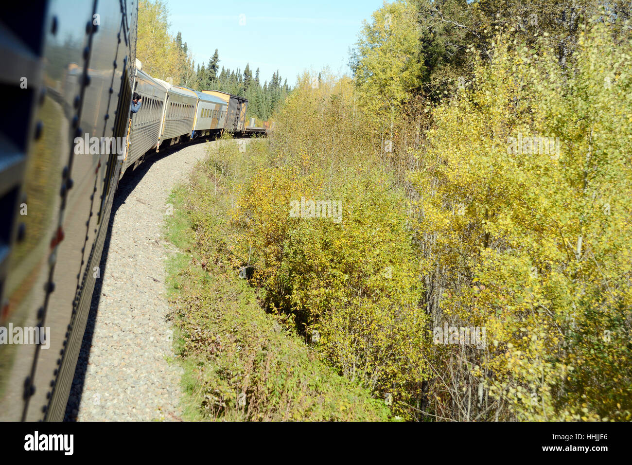 A passenger takes a photo from the window of the Polar Bear Express ...