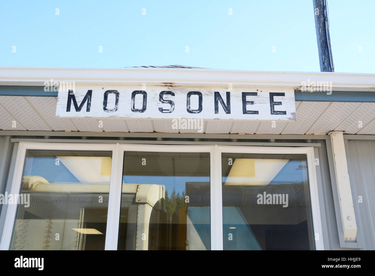The destination sign at the Moosonee train station platform, in the ...