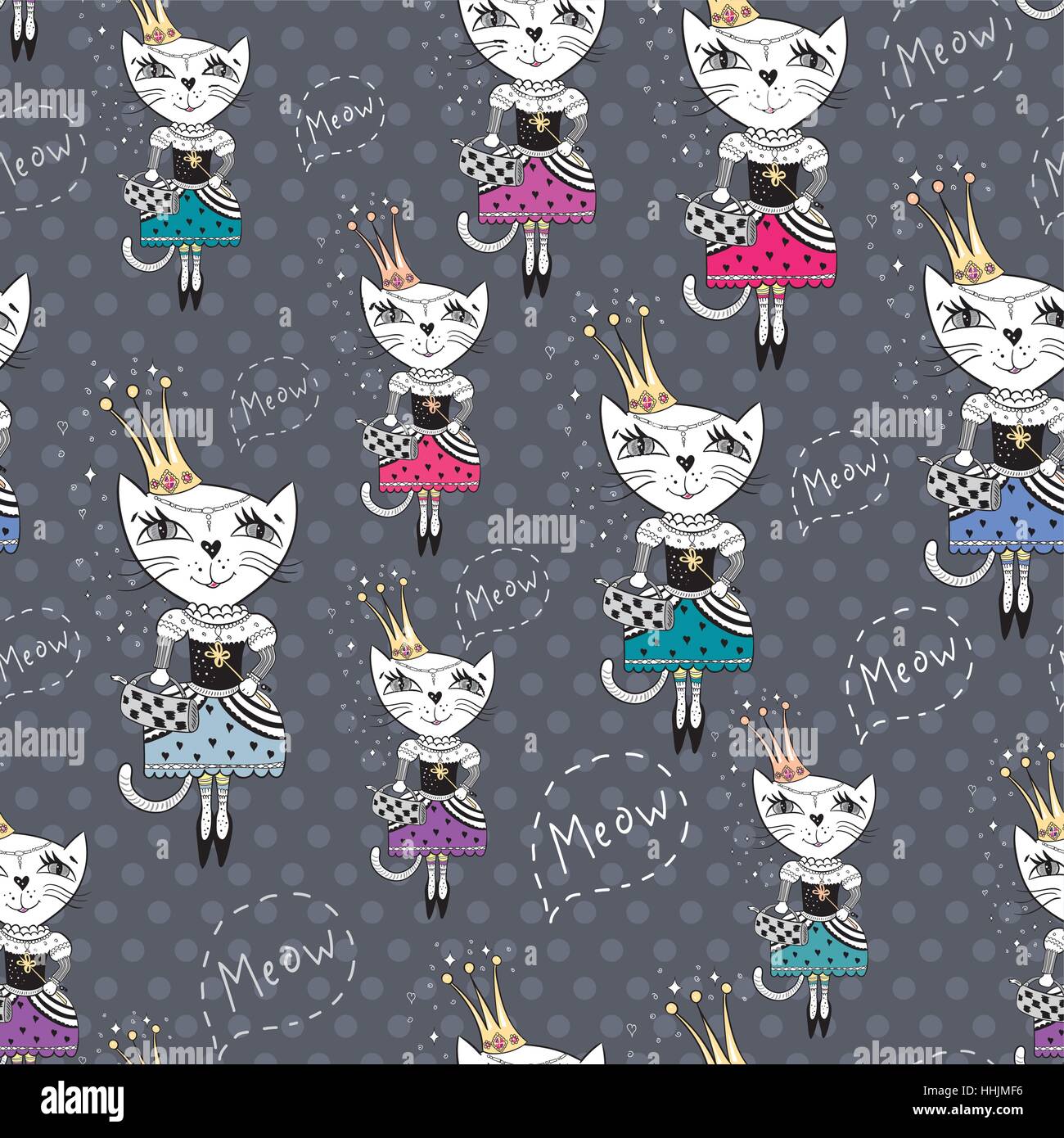 Cute royal girly texture with funny character on grey polka dot ...