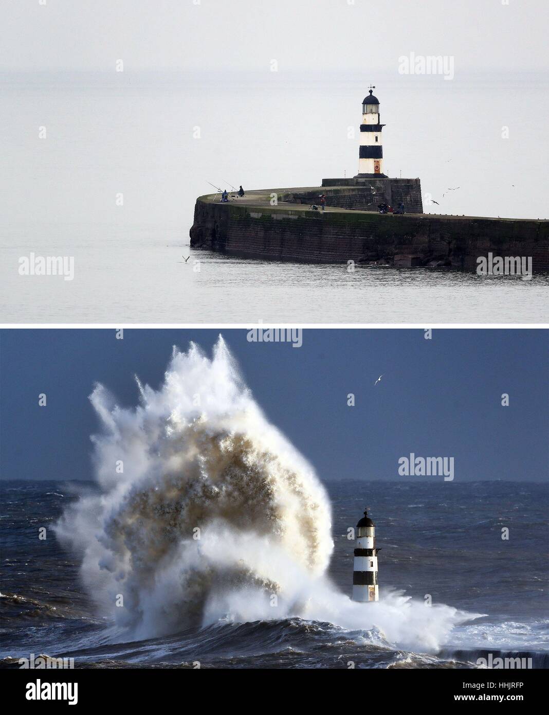 The sea wall at Seaham Harbour, County Durham with a calm sea today ...