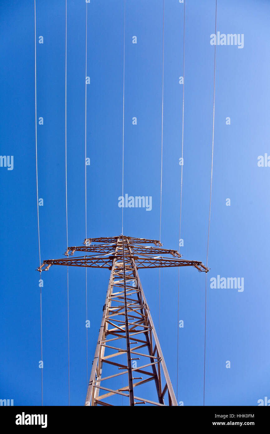 blue, tower, energy, power, electricity, electric power, cabling ...