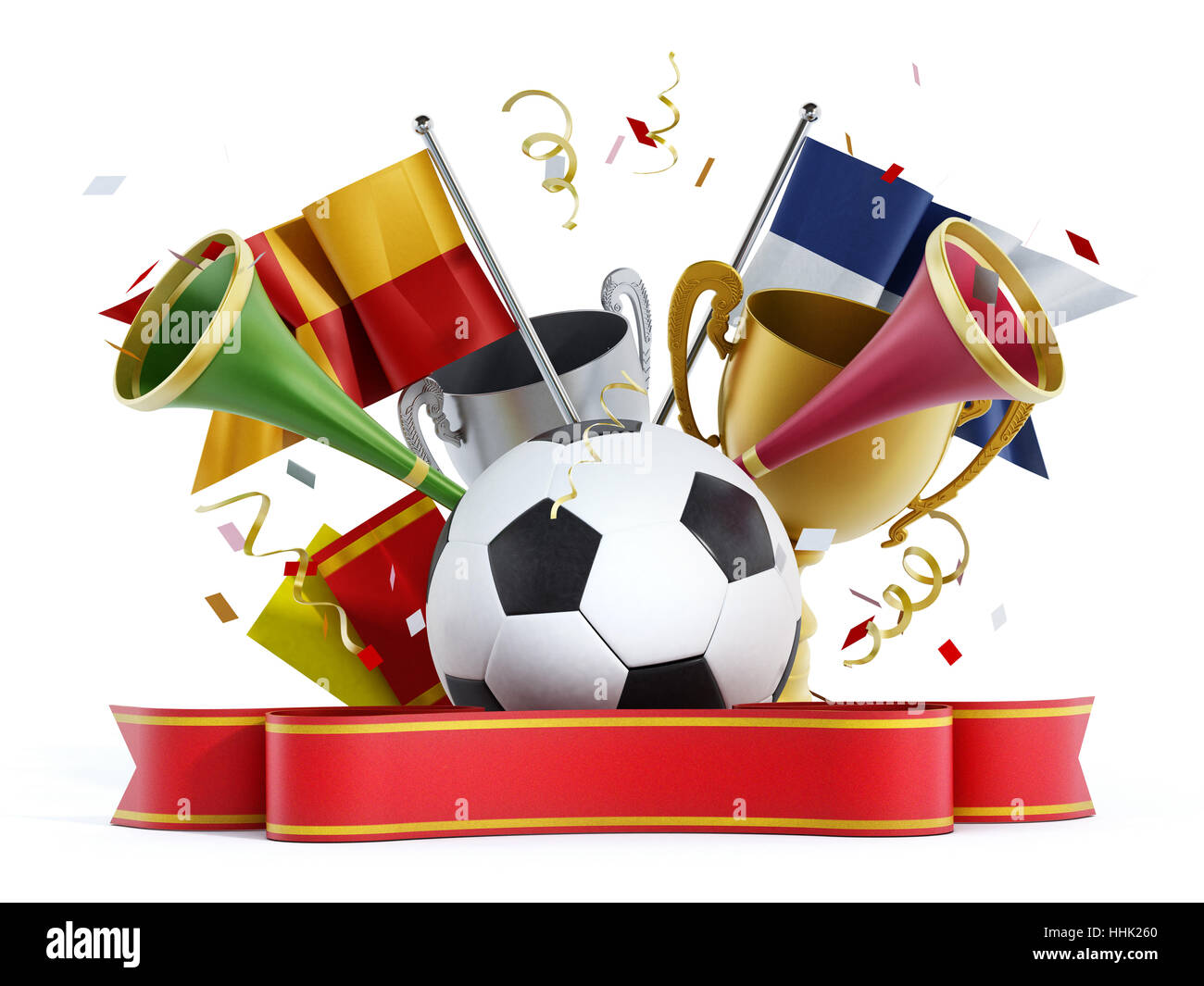 Soccer ball, flags, red ribbon and trumpets. 3D illustration Stock ...