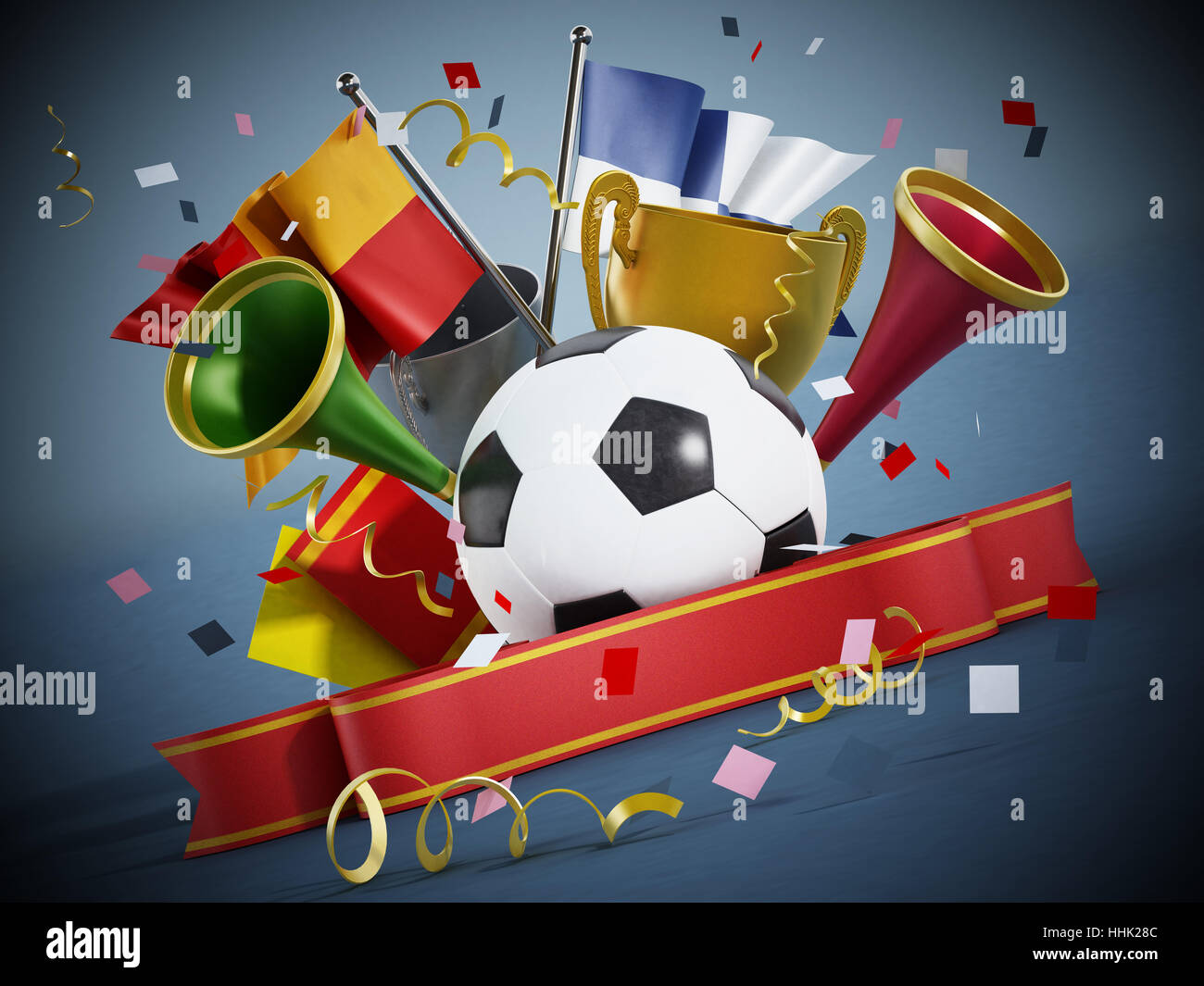 Soccer ball, flags, red ribbon and trumpets. 3D illustration Stock ...