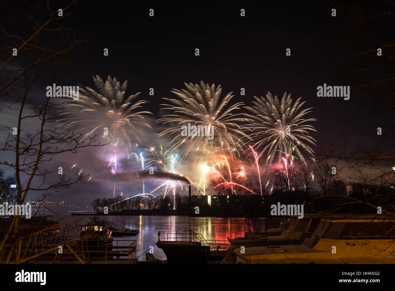 Colorful fireworks of various colors over night sky Stock Photo - Alamy