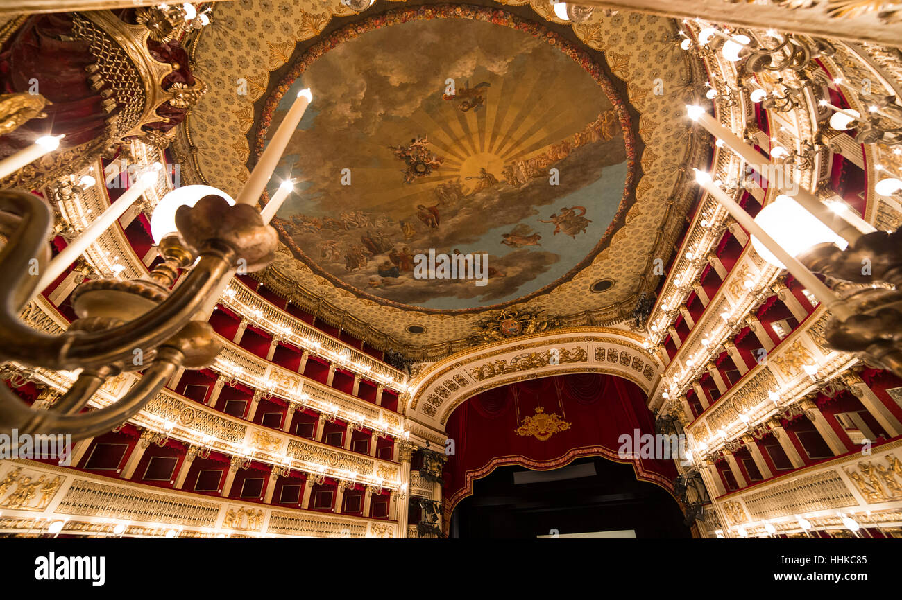 Interiors and details of Teatro di San Carlo, Naples opera house, Italy ...