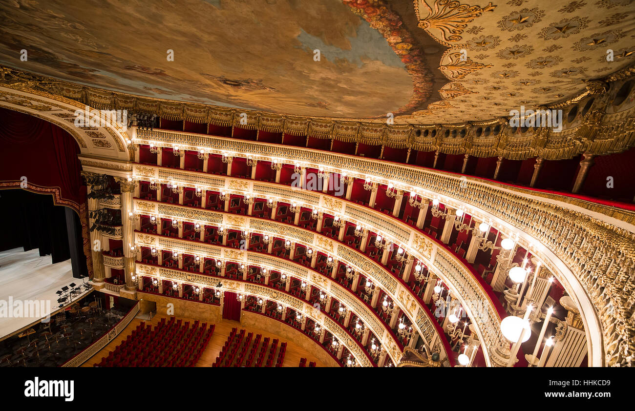 Interiors and details of Teatro di San Carlo, Naples opera house, Italy ...
