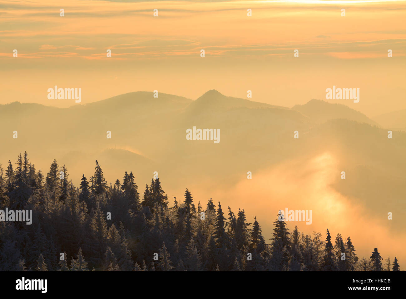 Mountain valley panorama during sunrise. Beautiful natural panoramic ...