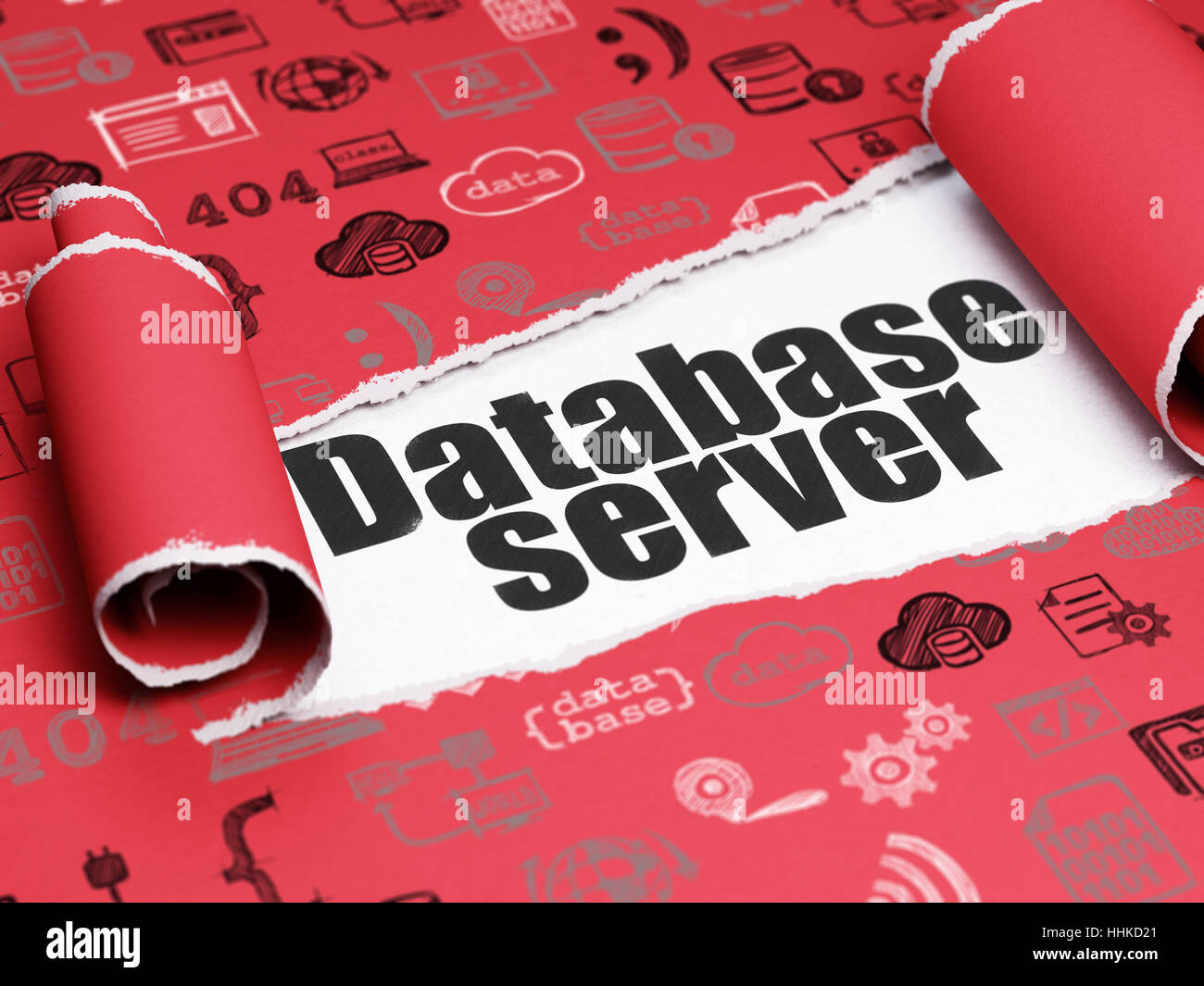 Database concept: black text Database Server under the piece of torn ...