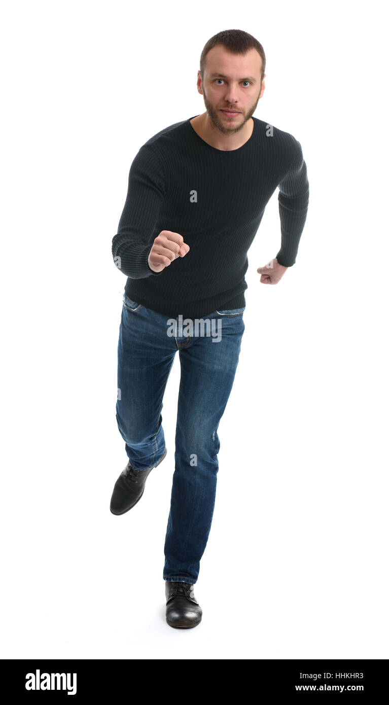 Full length portrait of a casual man running away. isolated on white ...