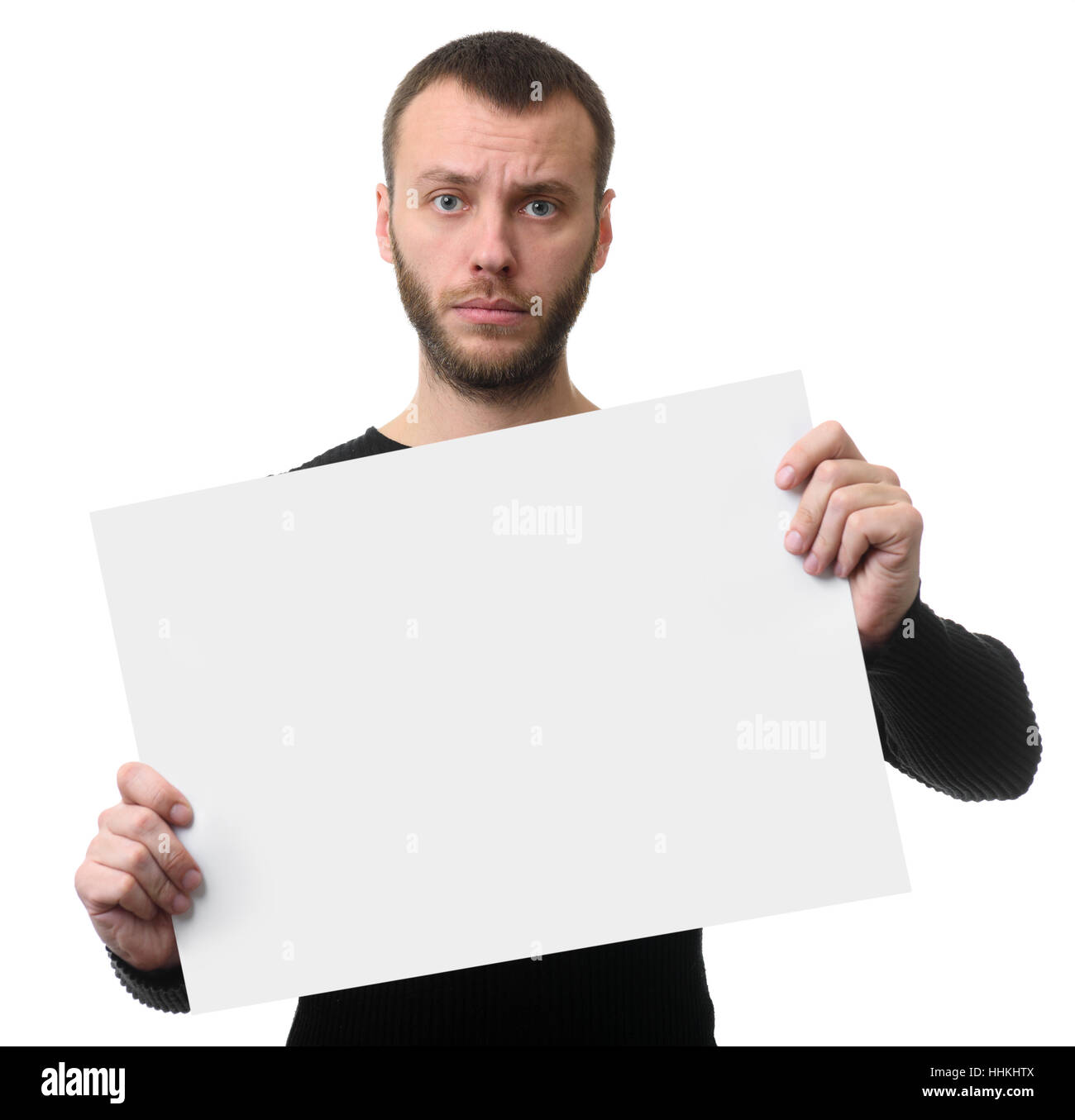 young bearded man holding a banner. Isolated on white Stock Photo - Alamy