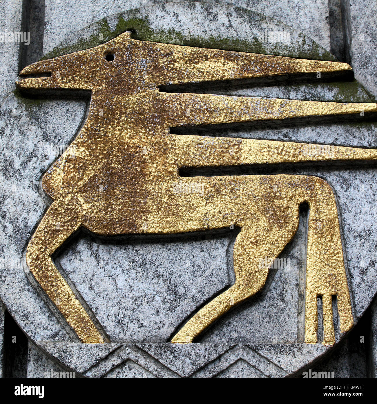 norway, town hall, relief, elk, stylized, gold, hart, stag, stone ...
