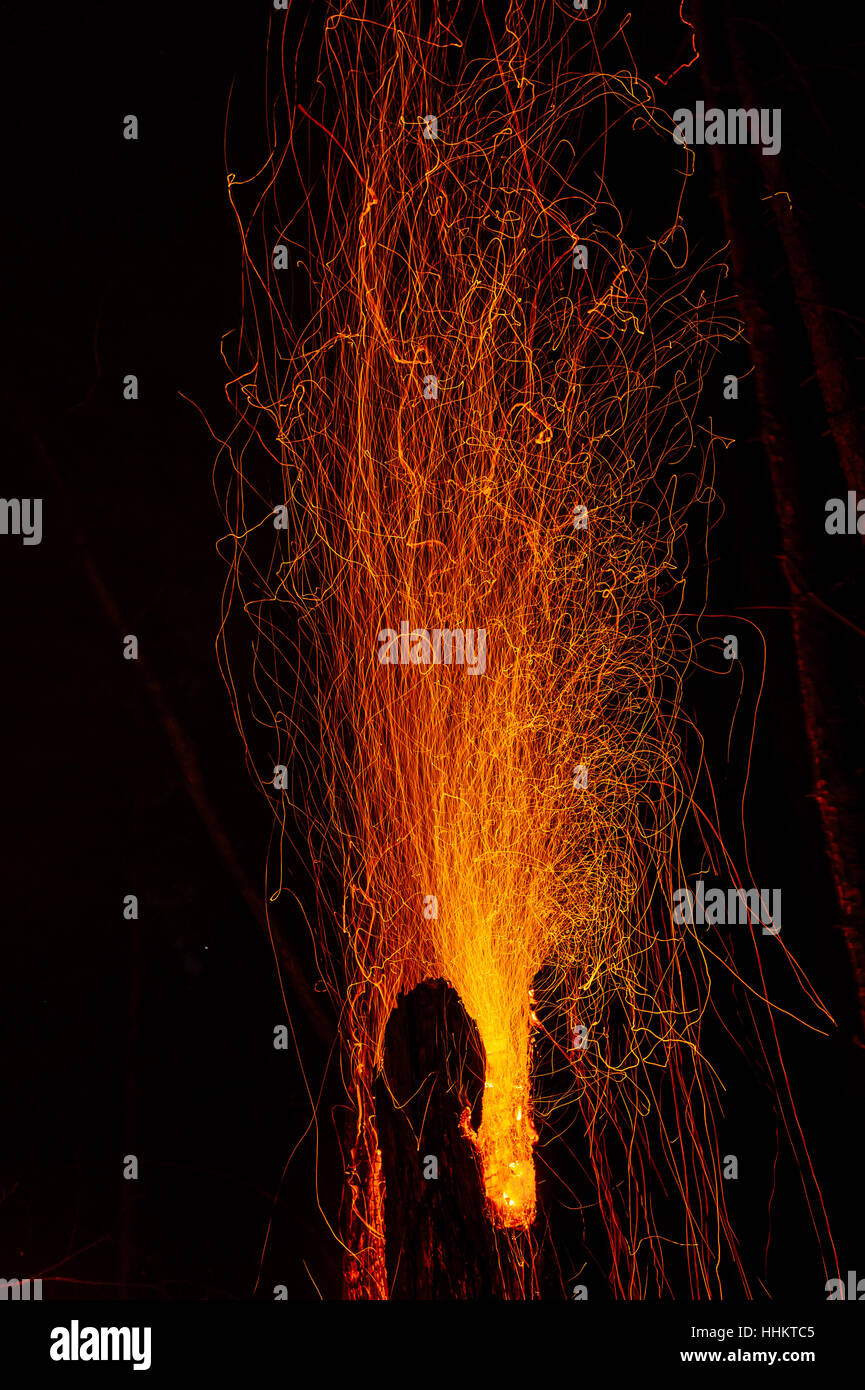 Wood burning during a forest fire - like a volcanic eruption Stock ...