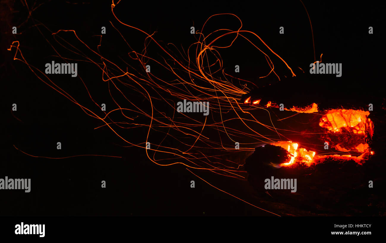 sparkling fire-breathing jaws of burning wood in the wildfire Stock ...