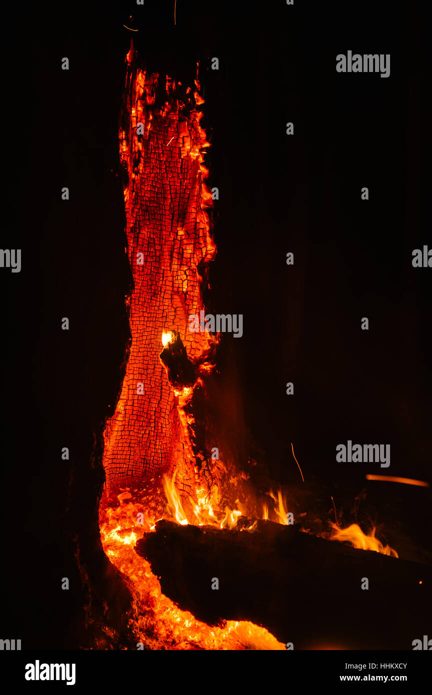 Wood burning during a forest fire - like a volcanic eruption Stock ...