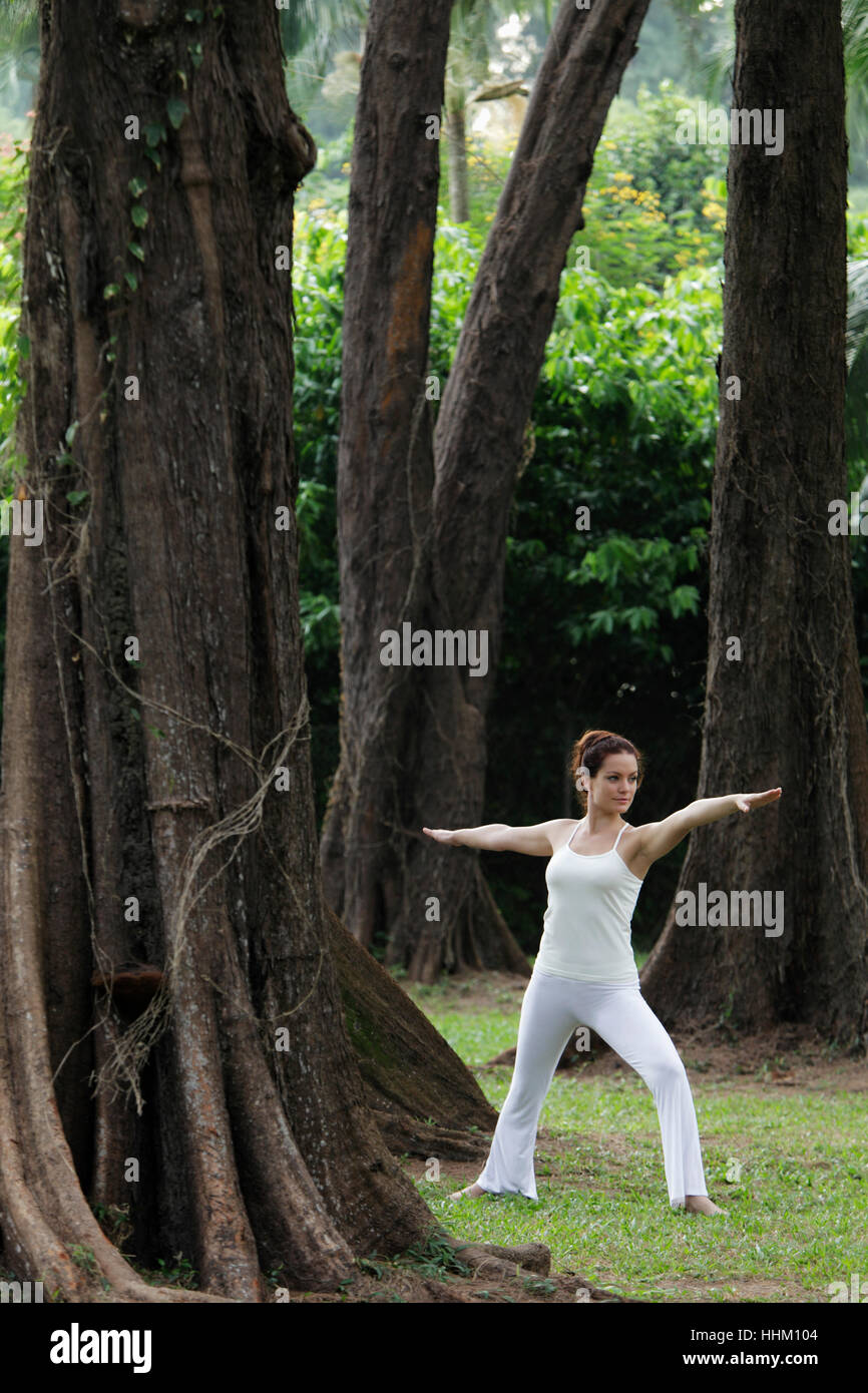 young woman doing yoga under trees Stock Photo - Alamy