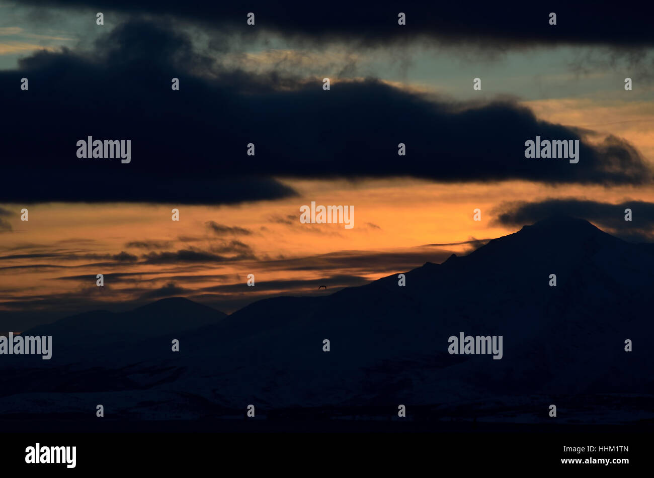 colorful dawn sky over snowy mountain and sea Stock Photo - Alamy