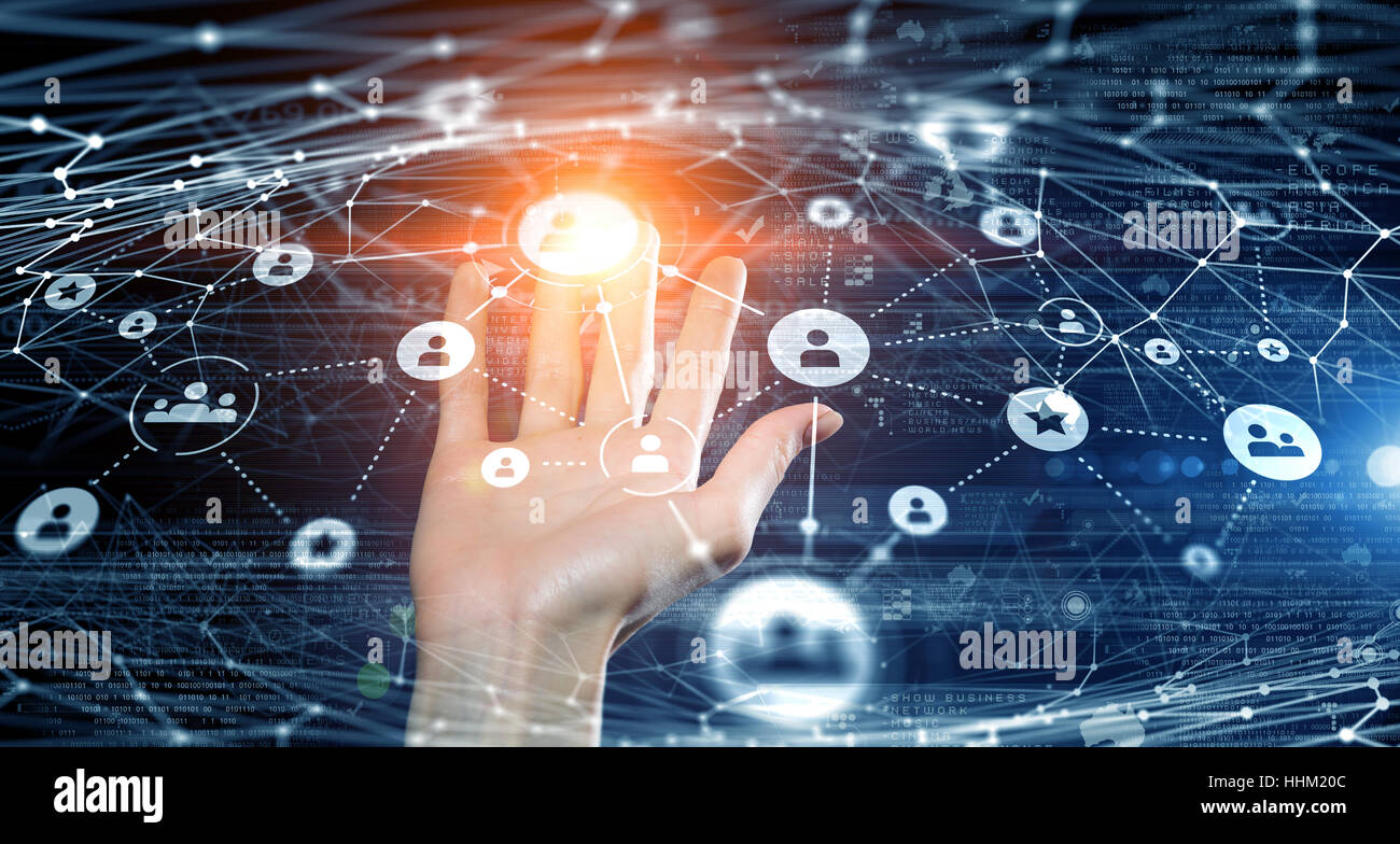 Woman hand showing in palm digital connection concept. 3D rendering ...