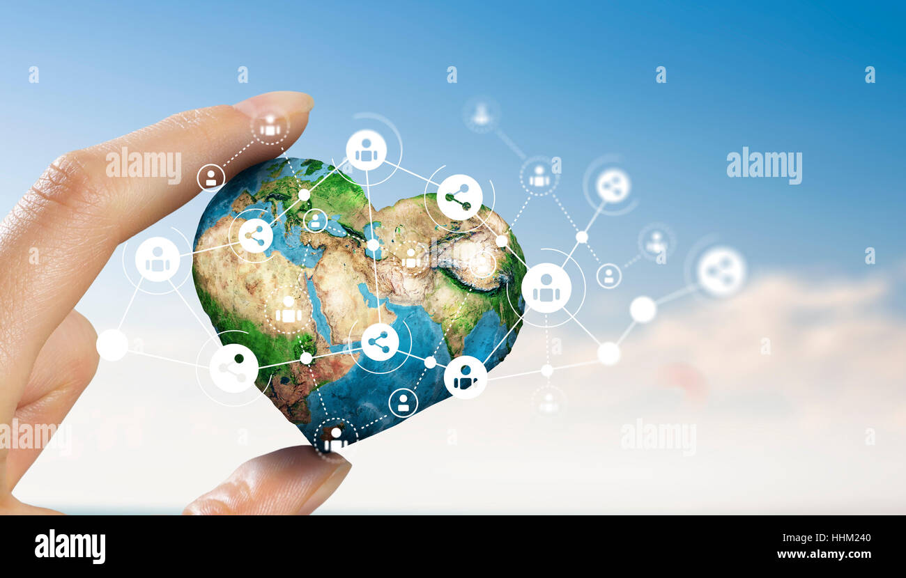 Female hand holding Earth planet presenting connection technologies ...