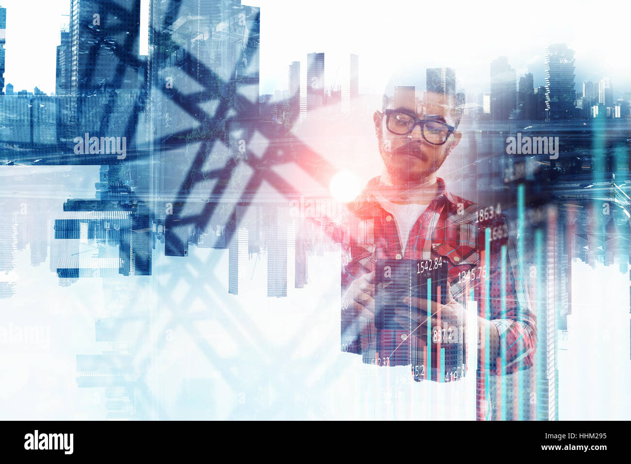 Double exposure photo of city and guy using his smartphone Stock Photo ...