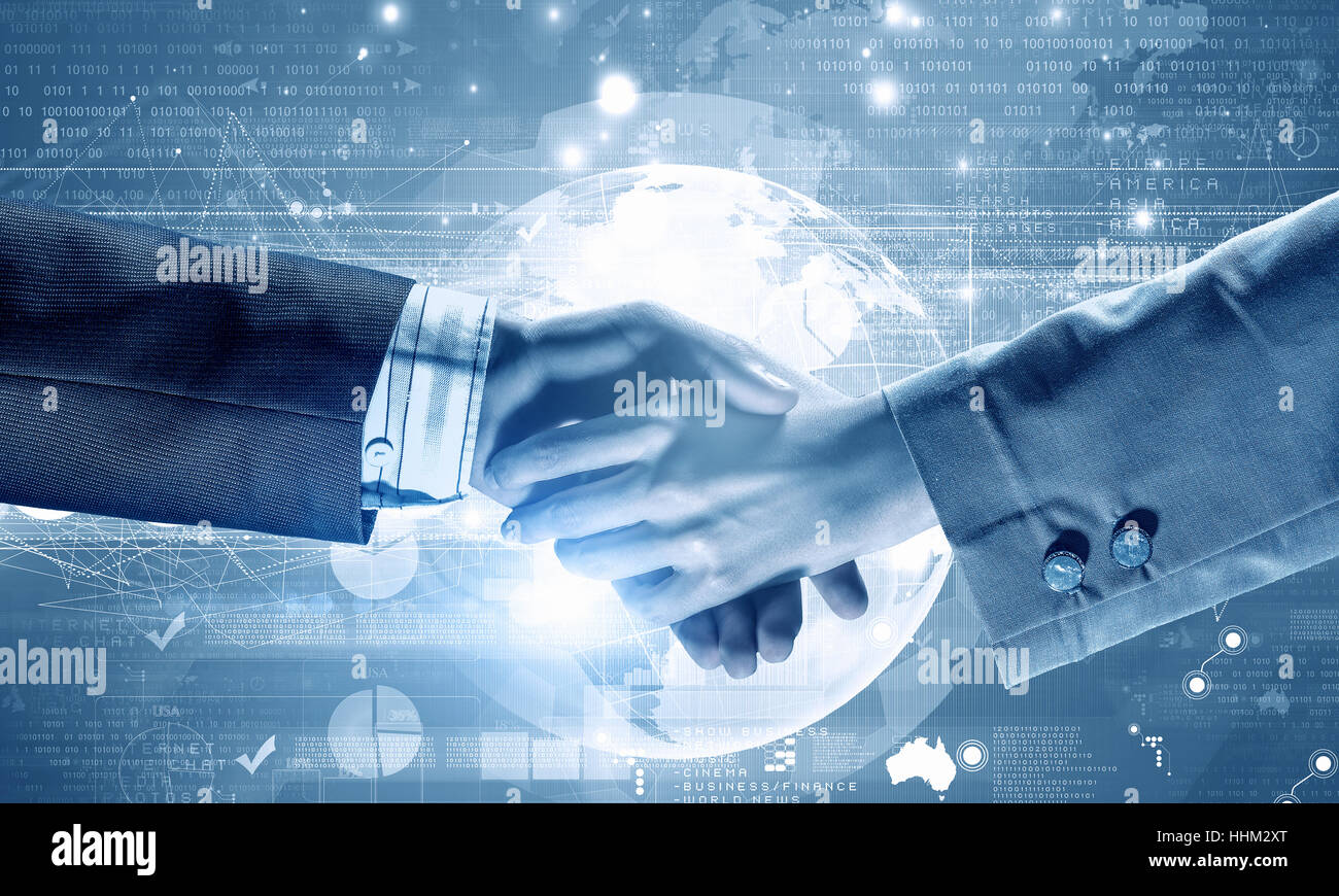 Business handshake against social network background. 3D rendering ...