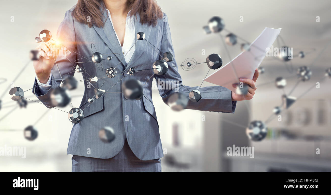 Businesswoman hand demonstrating digital connection lines in palm. 3D ...