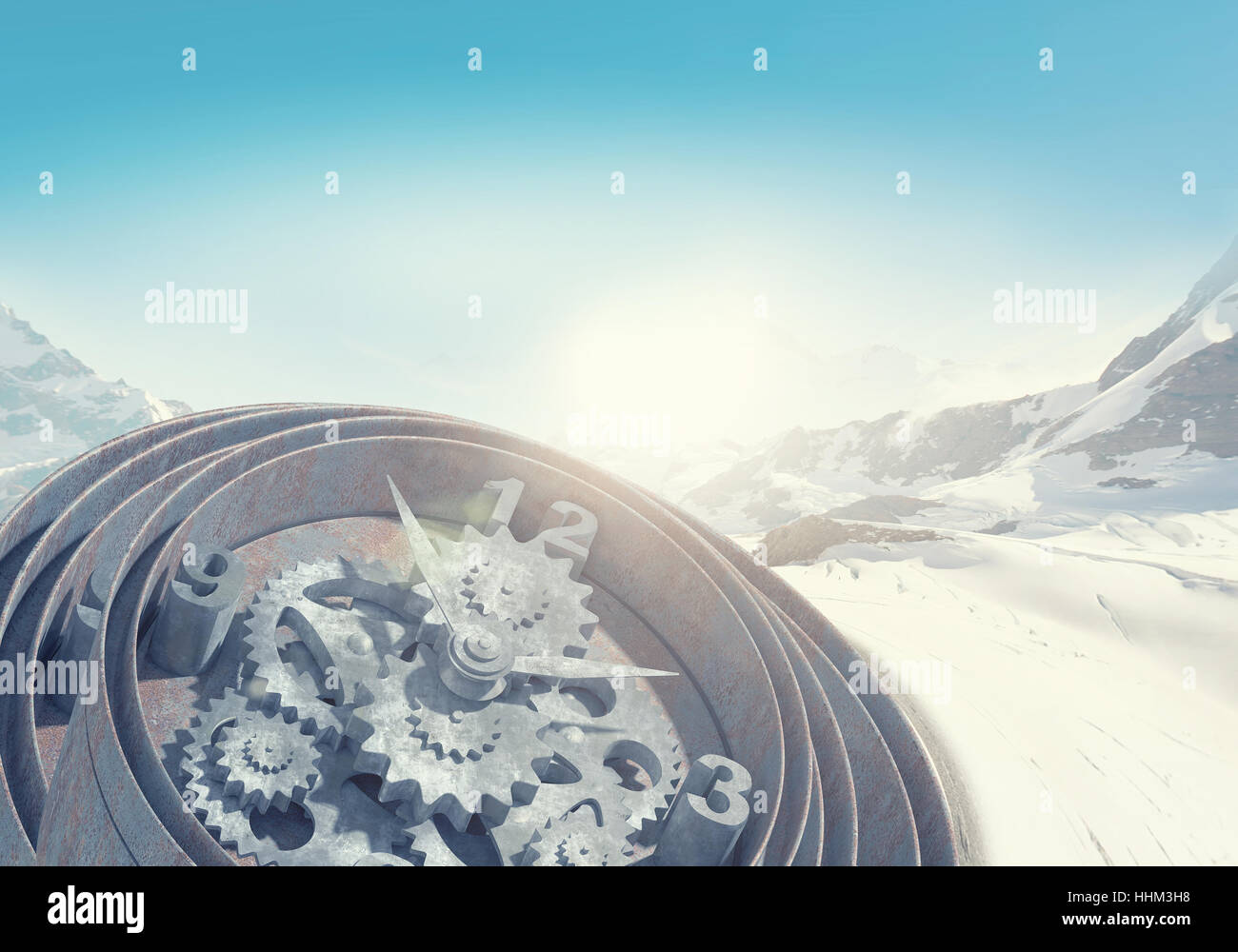 Time concept image with old clock mechanism against nature background ...