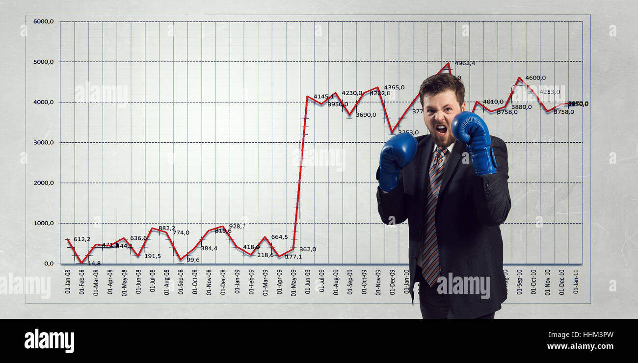 Determined emotional businessman against graphs background boxing in ...