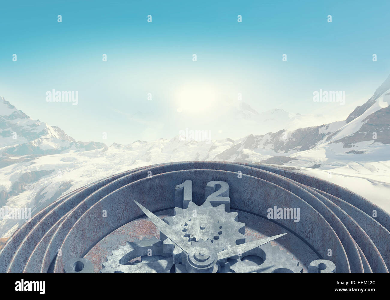 Background image with clock gear mechanism on natural landscape Stock ...