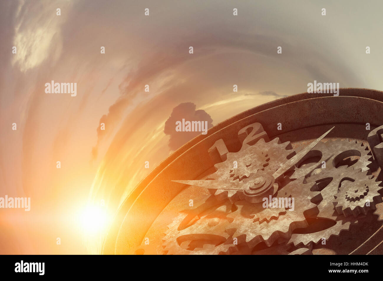 Time concept image with old clock mechanism against nature background ...