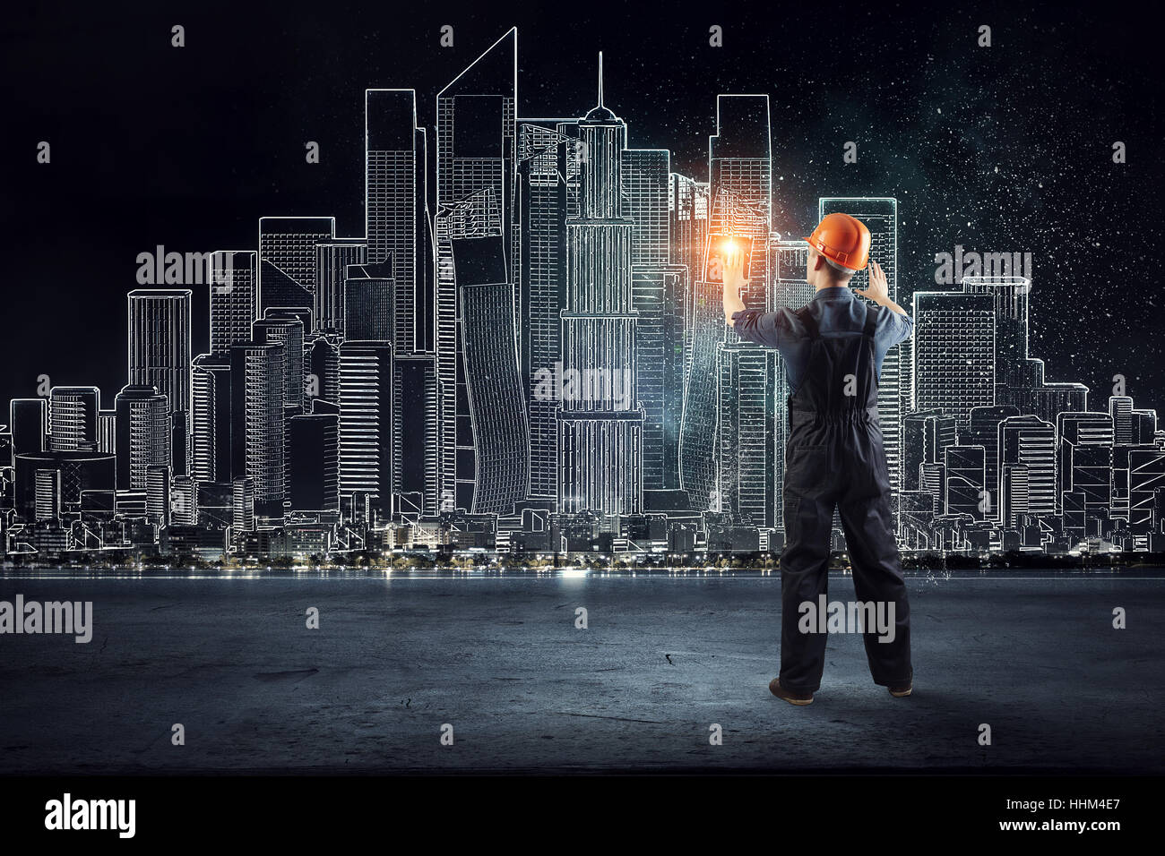 Back view of engineer man working with virtual panel Stock Photo - Alamy