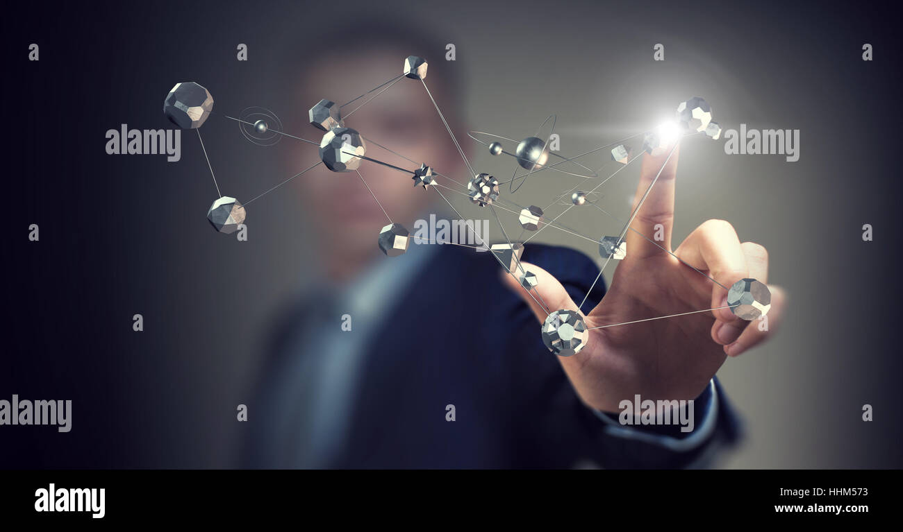 Businessman hand demonstrating digital connection lines in palm. 3D ...