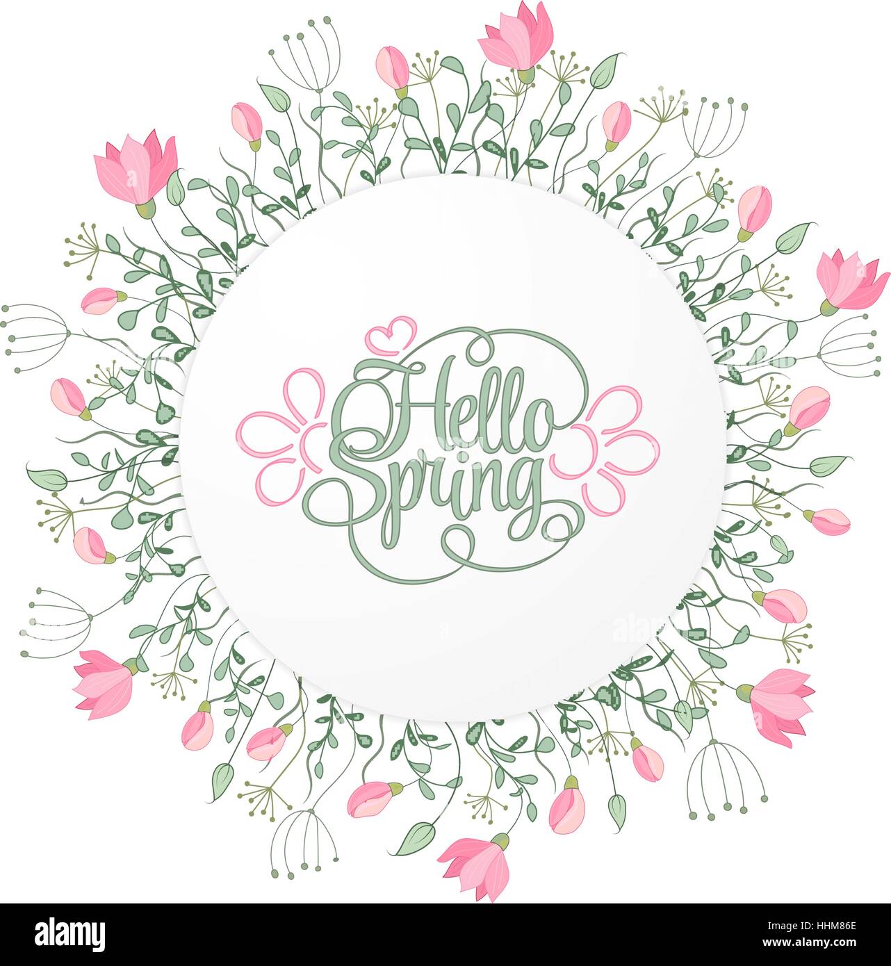 Spring Hand Draw Round Frame with Gentle Pink Flowers, leaves and herbs ...