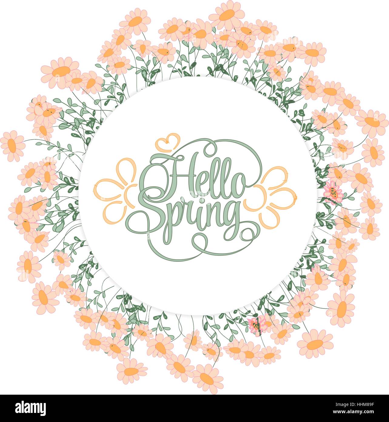 Spring Hand Draw Round Frame with Gentle Pink Flowers, leaves and herbs ...