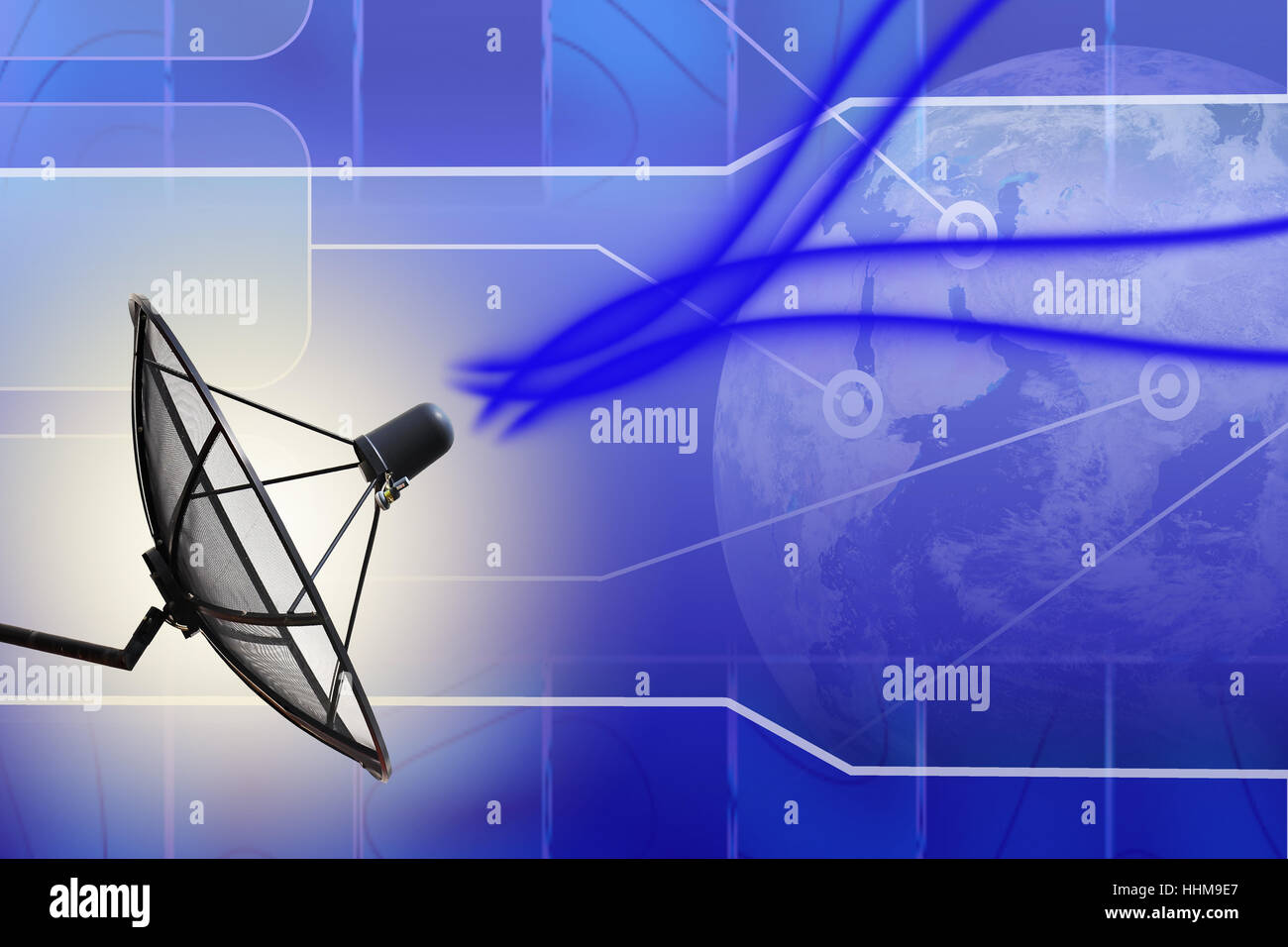 Wireless network communication radio blue sky with digital science sign ...