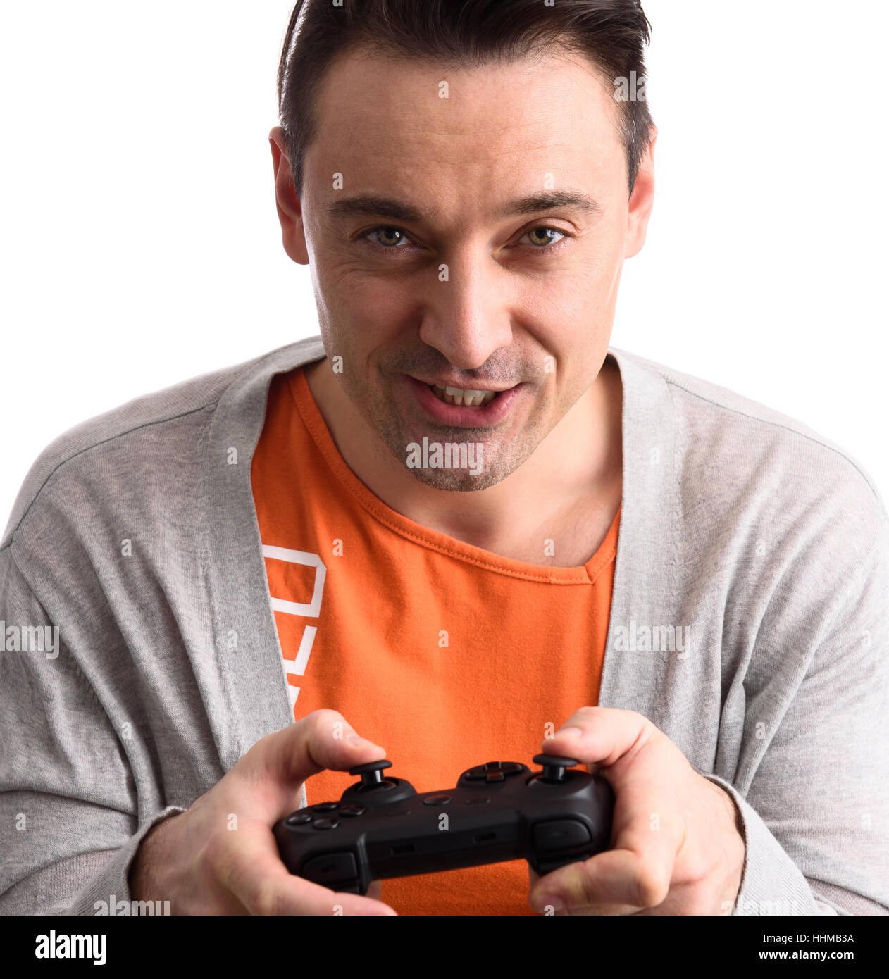 gamer with gamepad playing game. Isolated on white Stock Photo - Alamy