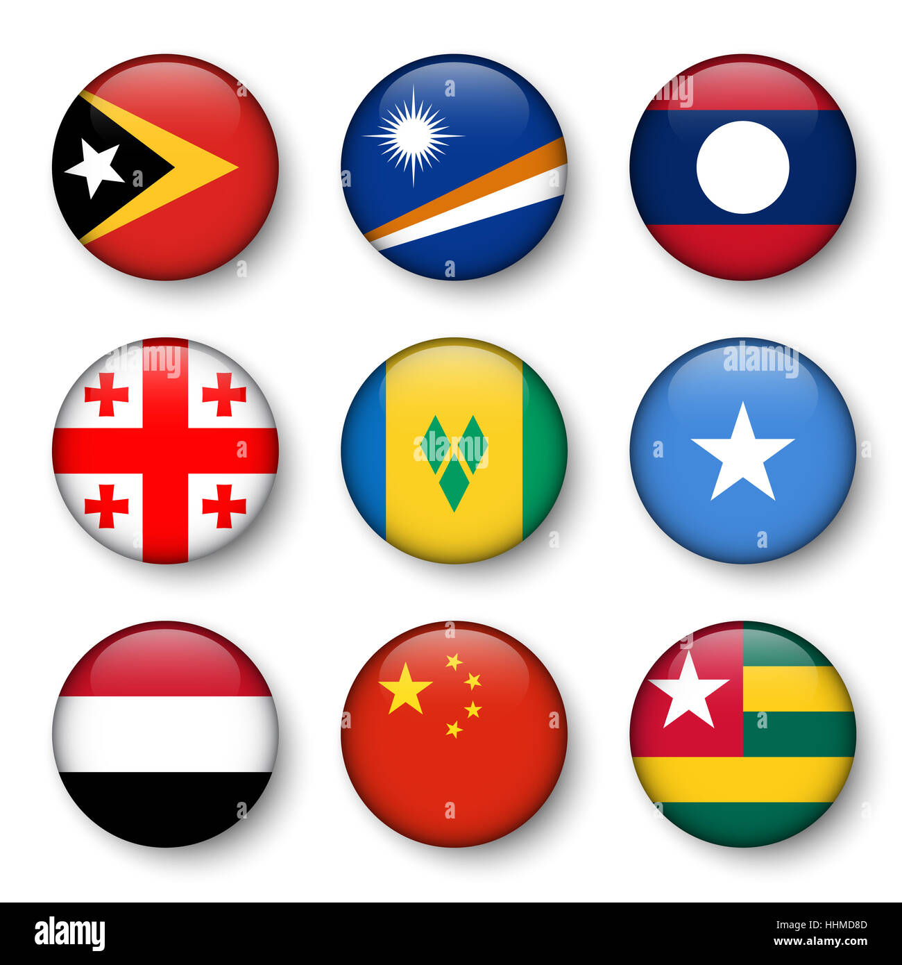 Set of world flags round badges ( East Timor . Marshall Islands . Laos ...